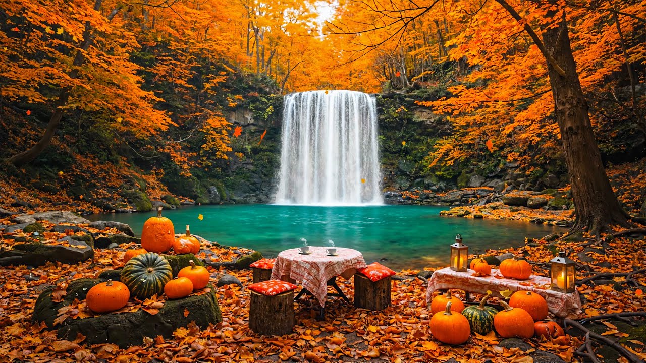 Smooth Autumn Jazz 🍁 Cozy Waterfall Café with Pumpkins & Falling Leaves ...