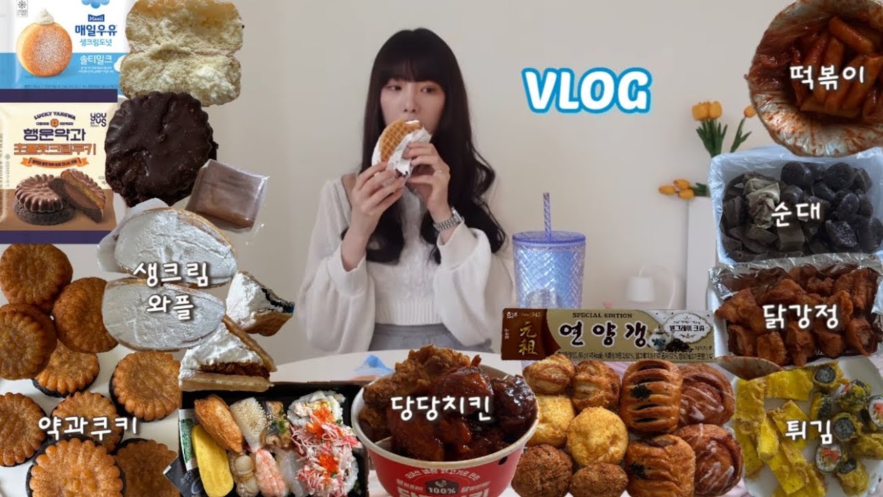 먹방 브이로그 67 생크림폭탄와플 행운초코크림약과쿠키 당당치킨 매일크림도넛 홈플빵파티팩 초밥 떡볶이 튀김 닭강정 순대 마음샌드 얼그레이연양갱 베이킹 만칼로리 폭주 폭식