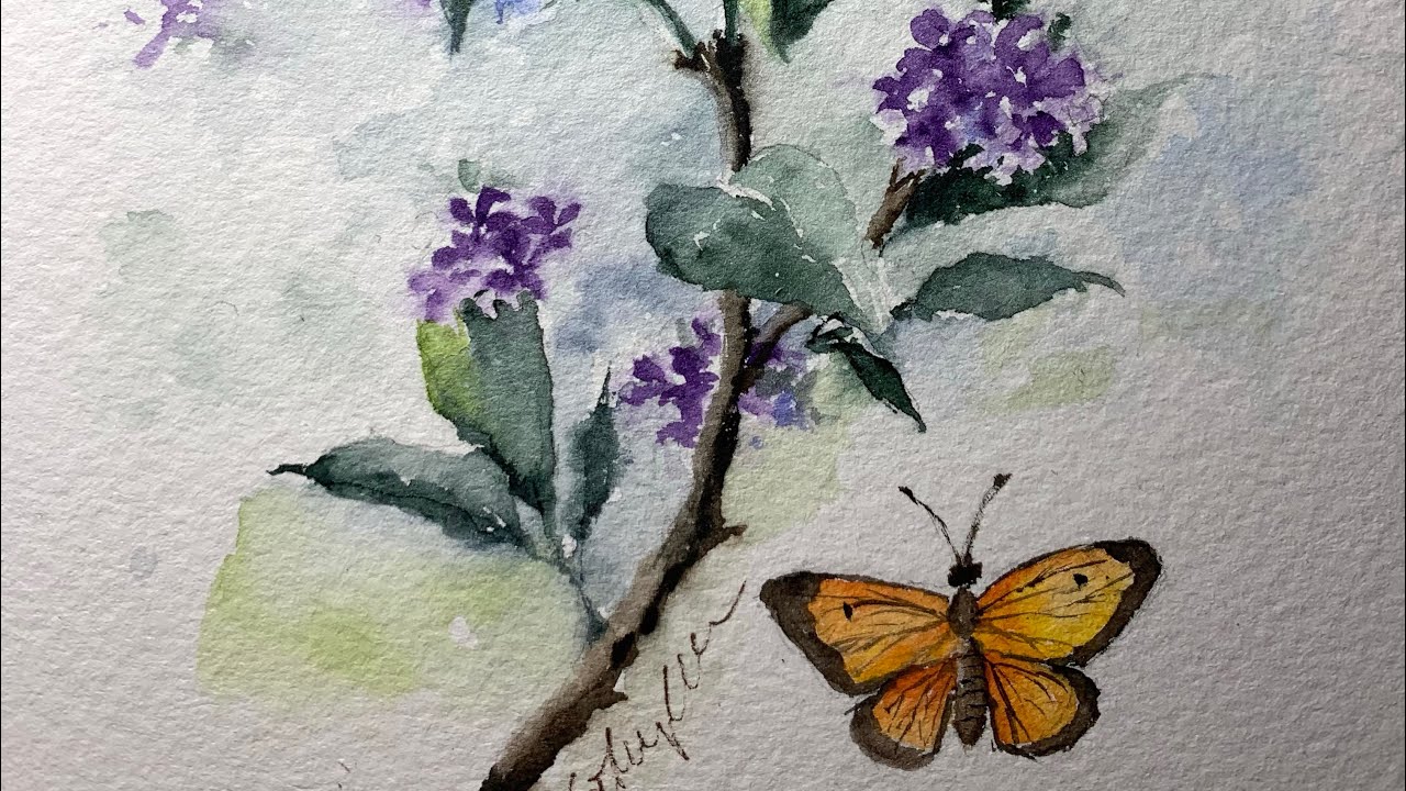 Watercolor blue purple lilacs with butterfly demo paint along tutorial ...
