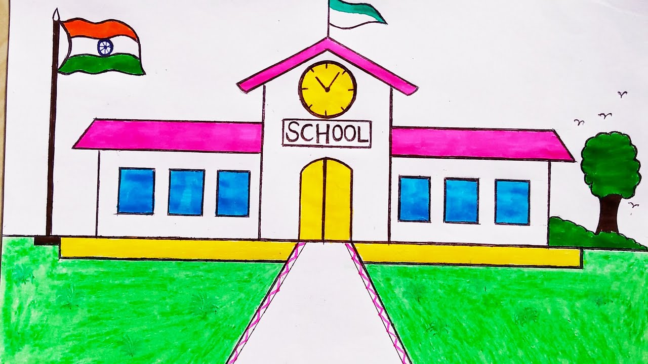 Beautiful School 🏡 Drawing very easy step by step ll School Scenery ...
