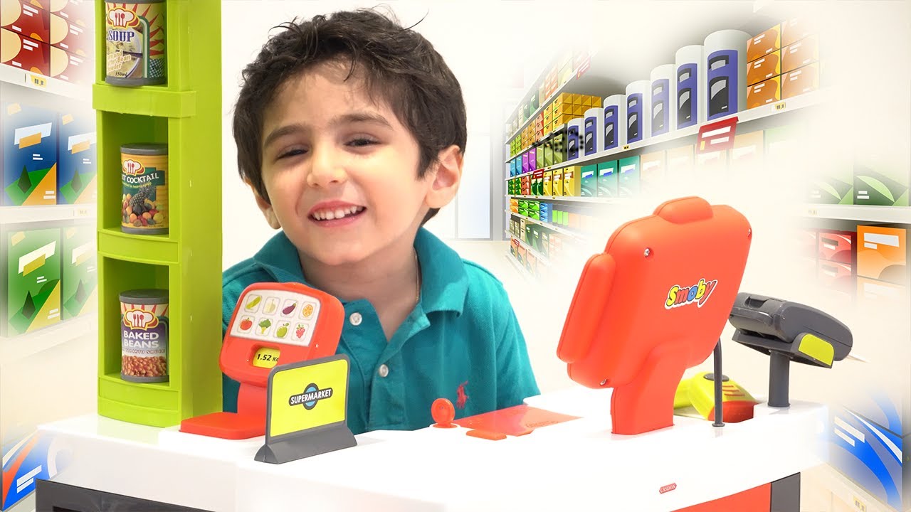 Kids Pretend Play Shopping at SuperMarket with Grocery Store Toys - YouTube