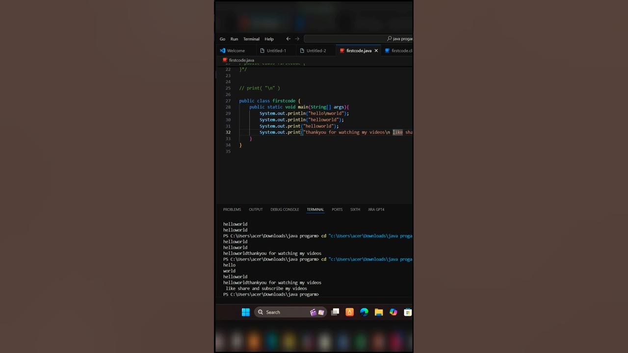 java programming use print () println () and \n to print hello world # ...