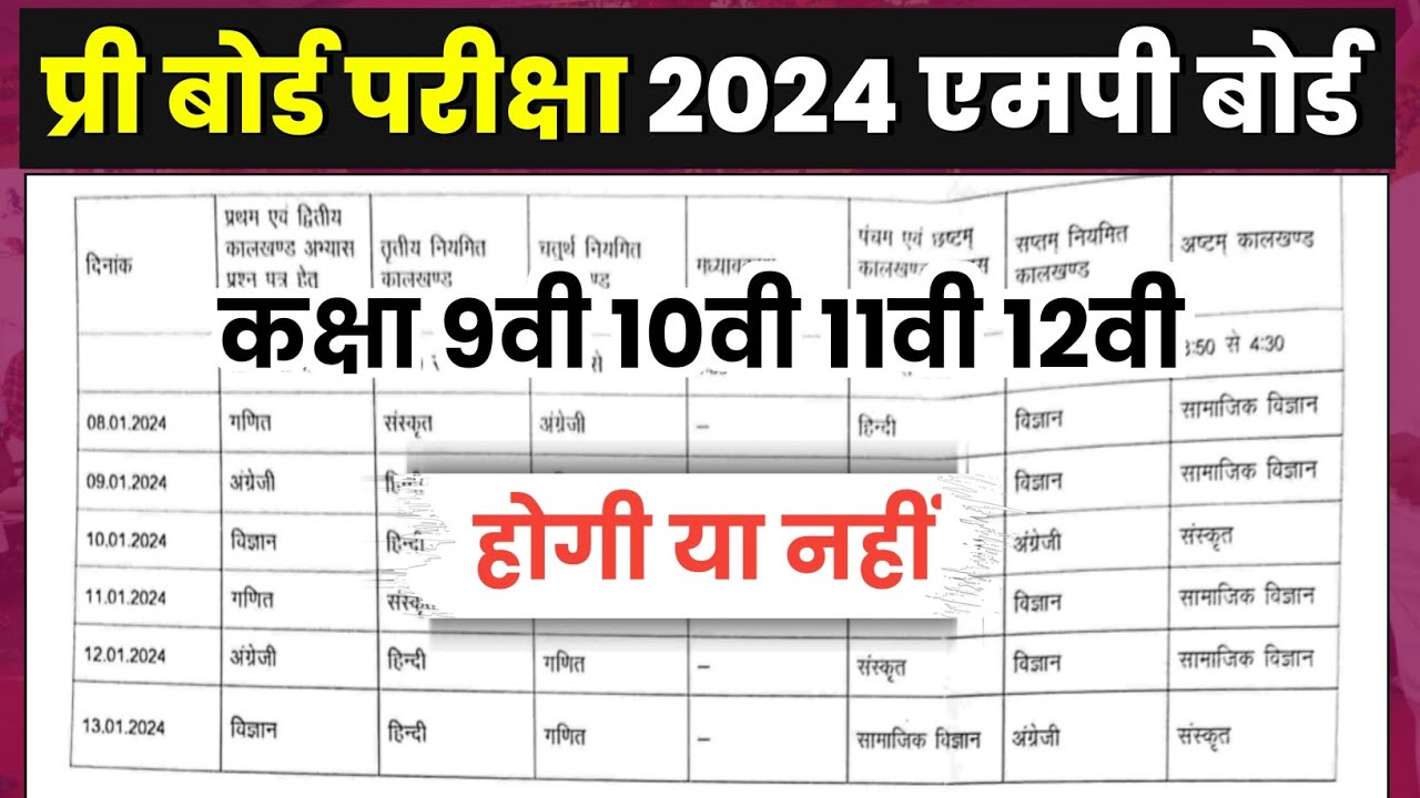 mp pre board pariksha time table class 9th to 12th 2024 || प्री बोर्ड ...
