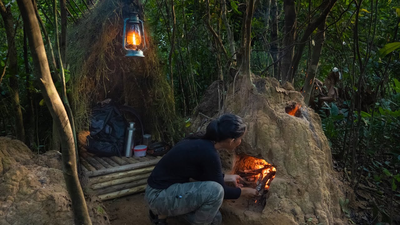Girl Living Off Grid Build A Complete Warm Survival Shelter In The Wild Solo Camping Bushcrafts