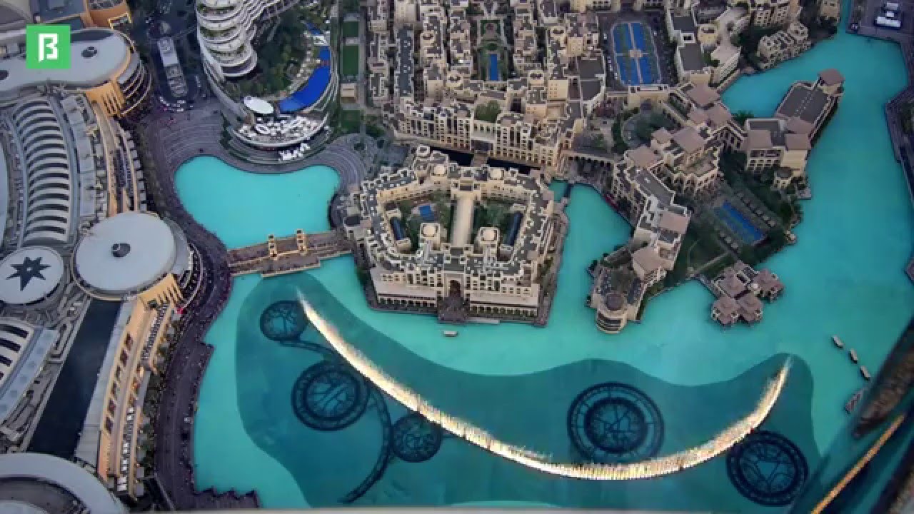 The Dubai Fountain, as seen from the top of Burj Khalifa, Dubai - High ...