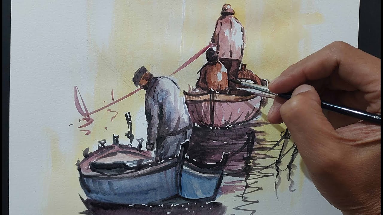 Fisherman scenery/ Easy drawing with acrylic and water - YouTube