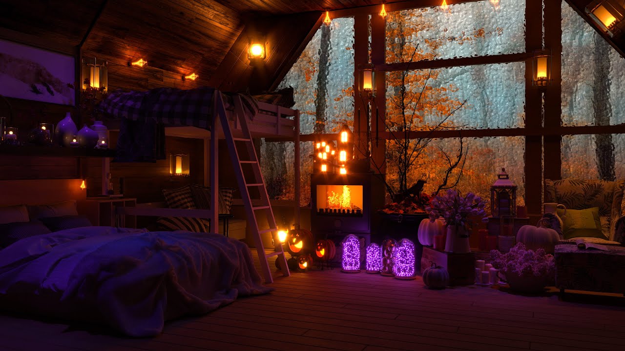 🍂 Autumn Porch Ambience | Cozy Relaxing Soft Rain Sounds and Fireplace ...