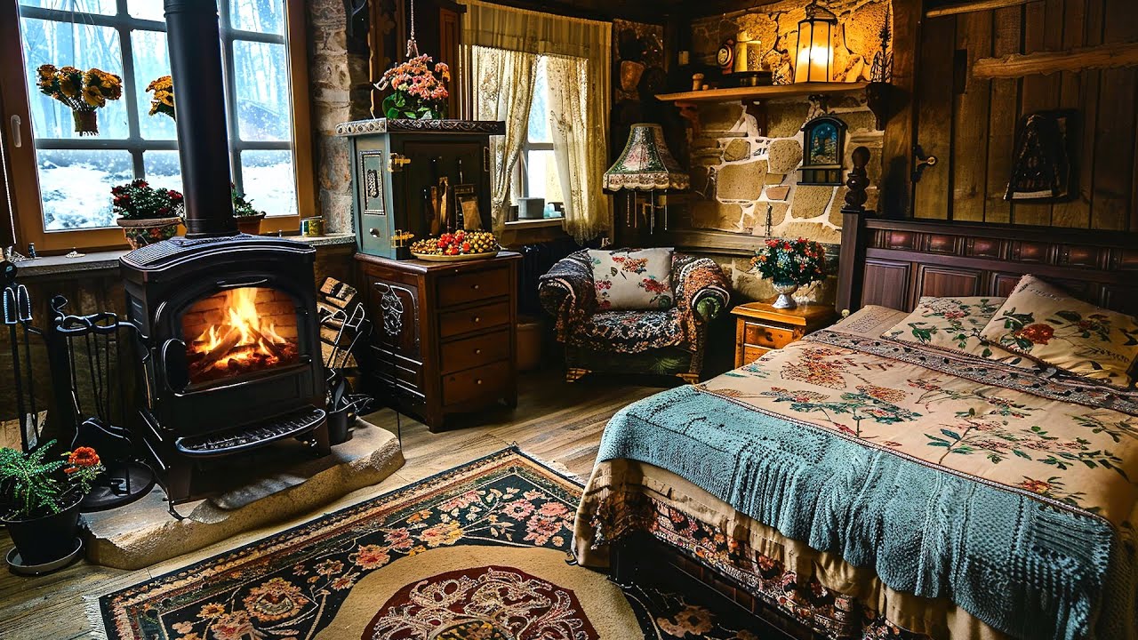 Cozy Old House in Snowy Forest in Winter Ambience丨Warm Fireplace ...