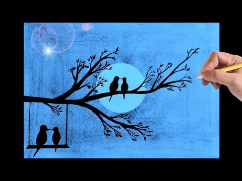 Nature Drawing Of Nature | Best Scenery Easy natural Drawing Bird Couple Pencil Drawing