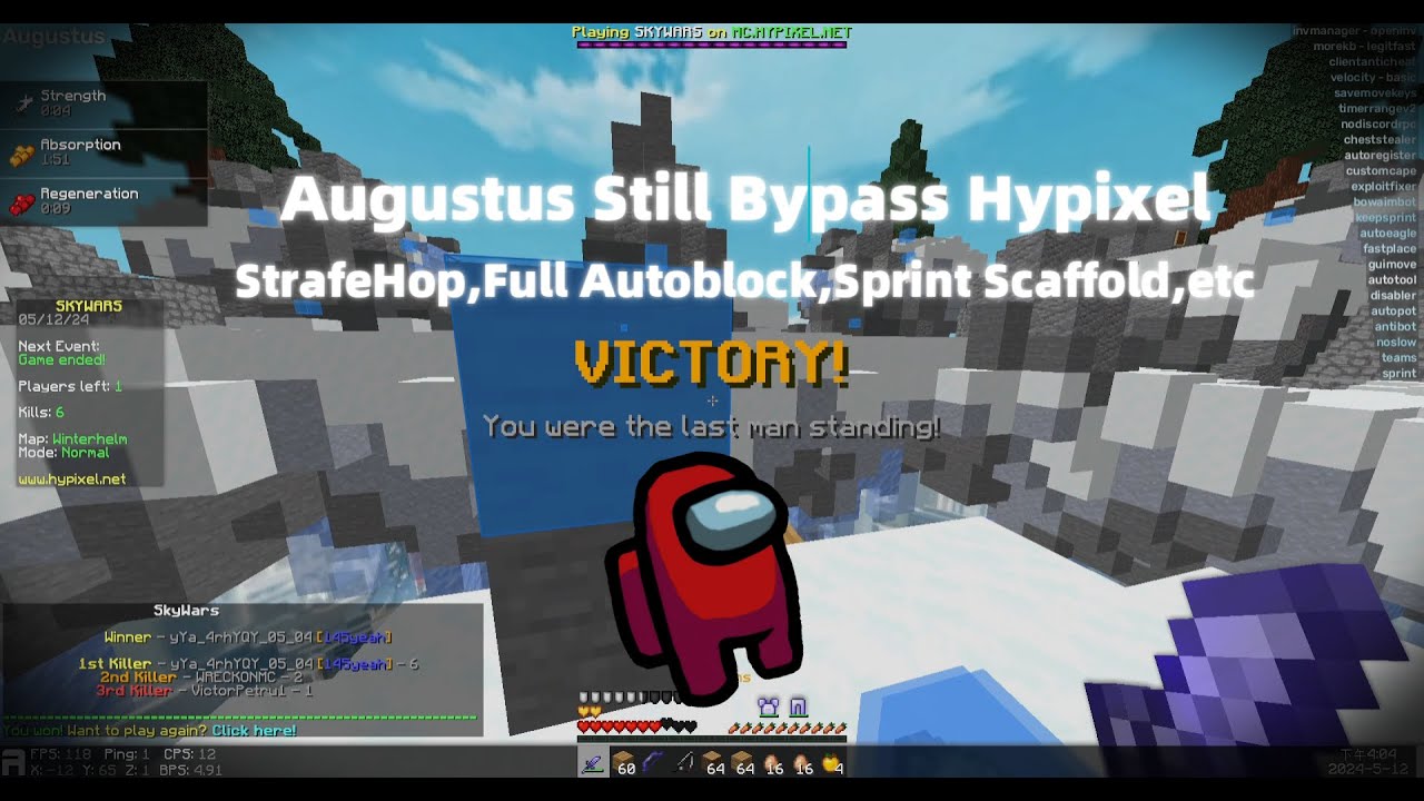 Augustus Still Bypass Hypixel,StrafeHop,Full Auto block,Sprint Scaffold ...