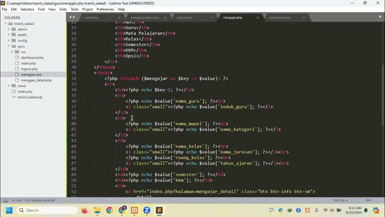 Tutorial Membuat SIAKAD Dengan PHP & Mysql - 12 detail mengajar guru - YouTube