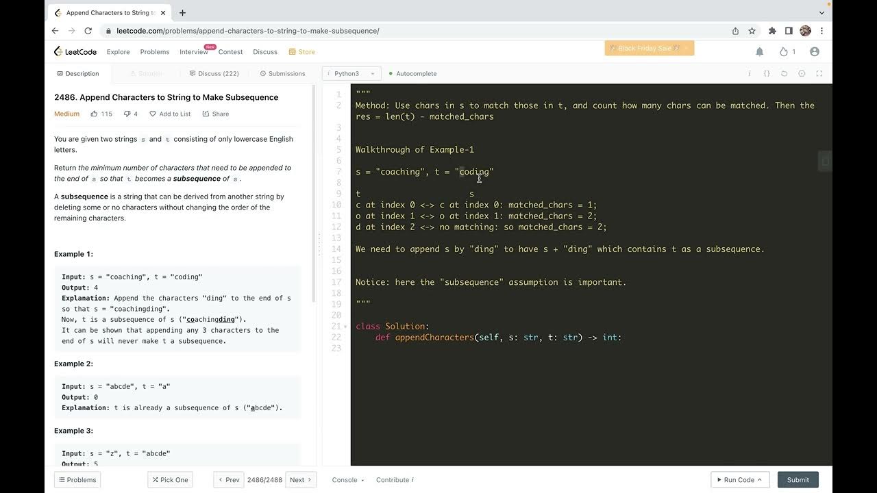 Leetcode 2486 Append Characters To String To Make Subsequence Match Chars Youtube