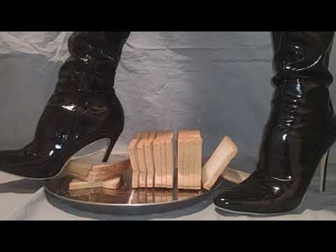 ASMR 👠CRUSHING bread 🍞 in black HIGH HEELS BOOTS