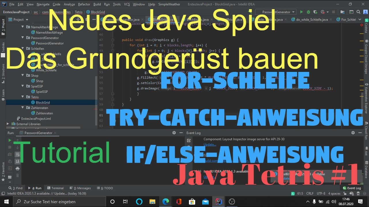 Das Grundgerüst bauen | for-Schleife, try-catch-Anweisung, if/else-Anweisung | Java Tetris #1 ...