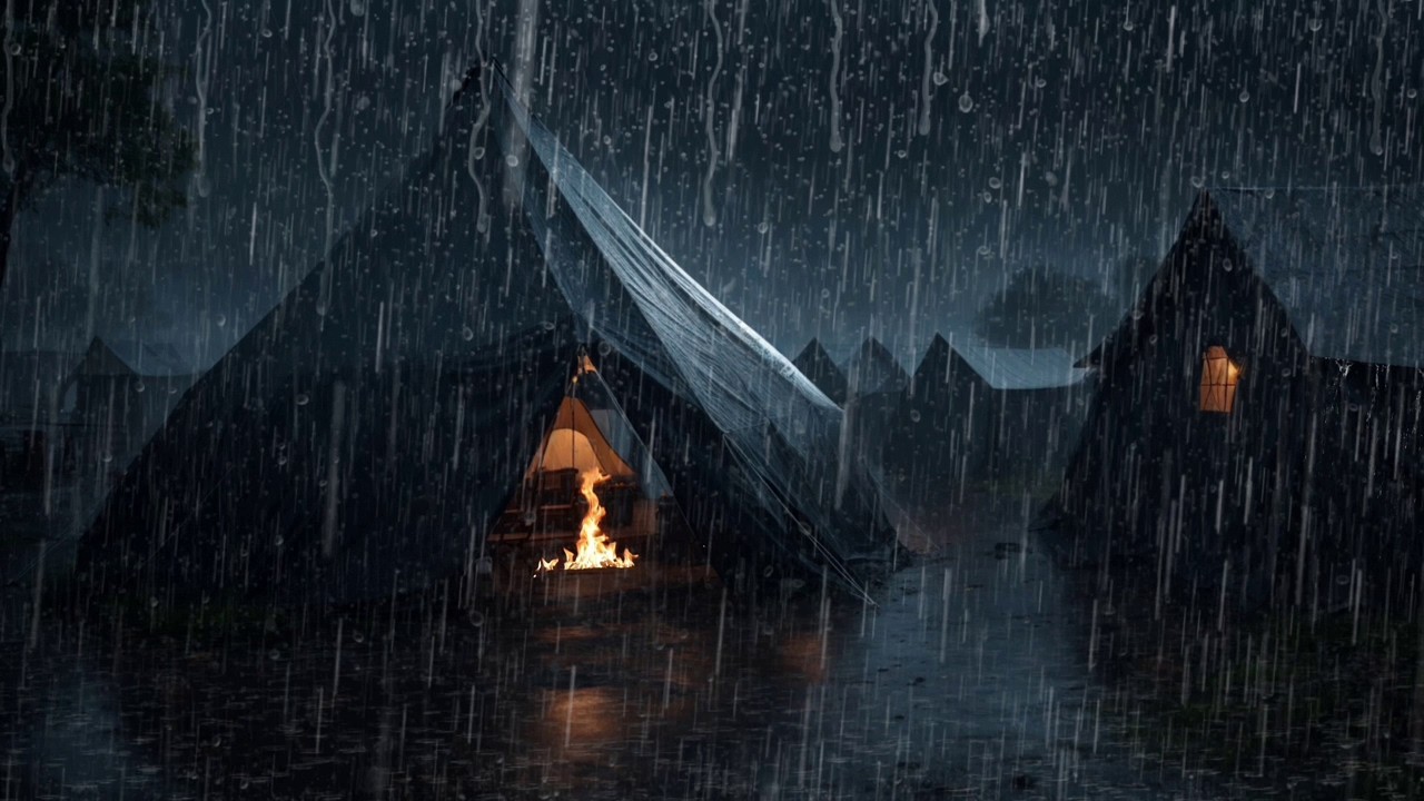Campfire Cozy Rain and Thunderstorm on Tent and Fireplace Ambiance in ...