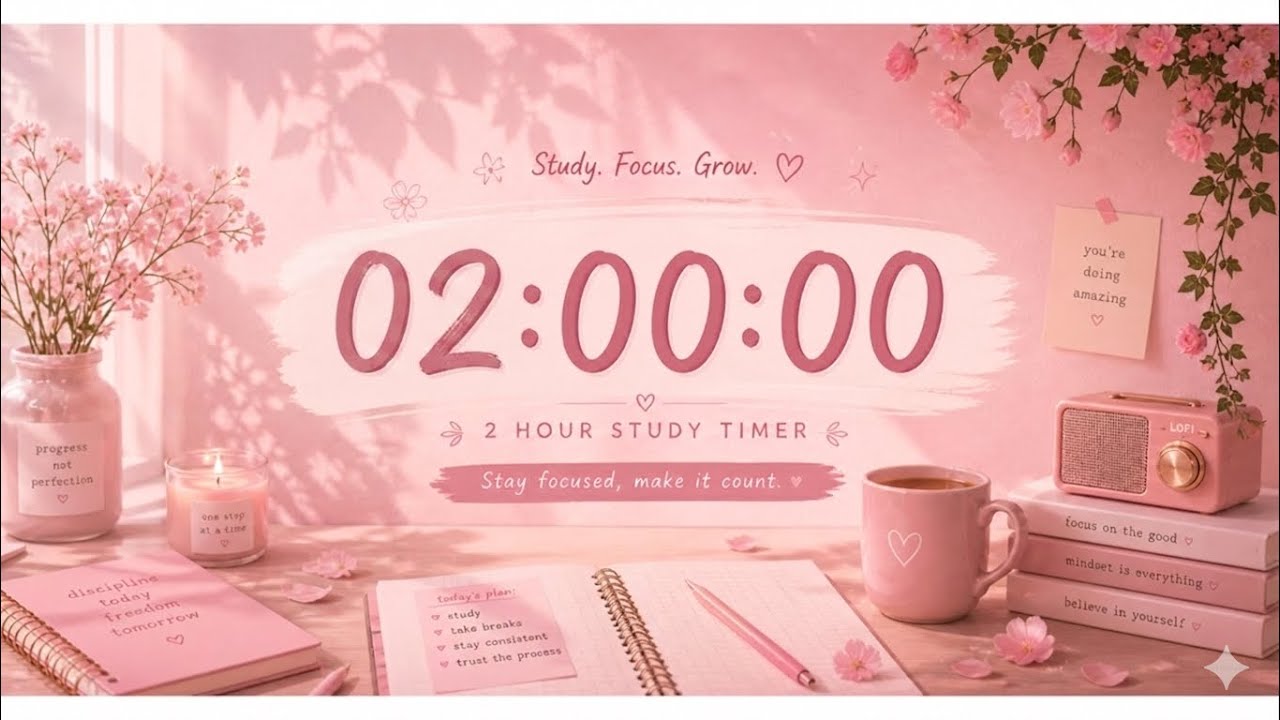 2 Hour Study Timer 🌸 Pink Aesthetic Pomodoro | Focus Timer with Break ...