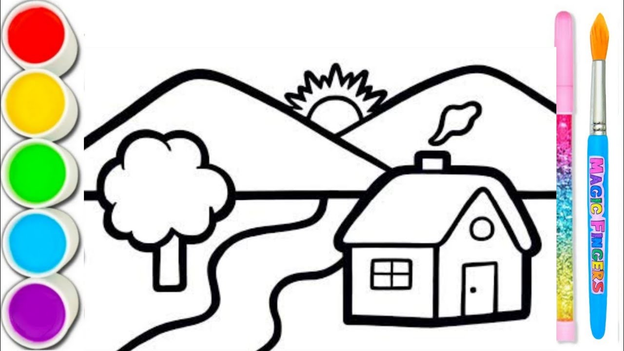 House and mountain Drawing, Painting & Coloring For Kids and Toddlers ...