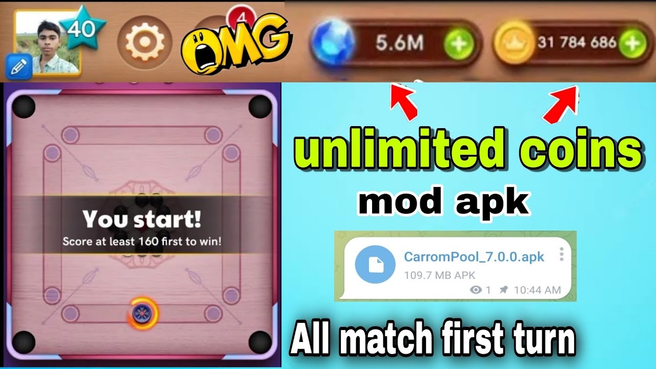 carrom pool unlimited coins and gems hack || carrom pool first turn ...