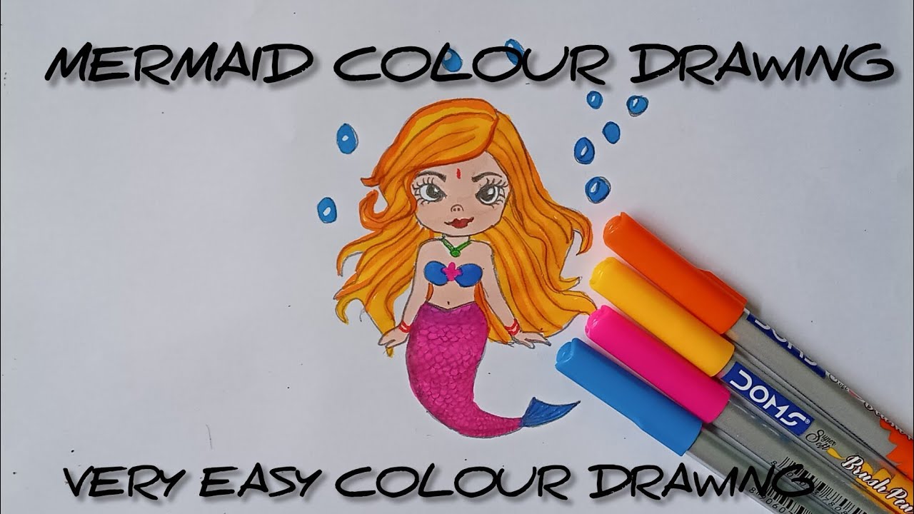 Mermaid colour drawing || very easy colour drawing || step by step ...