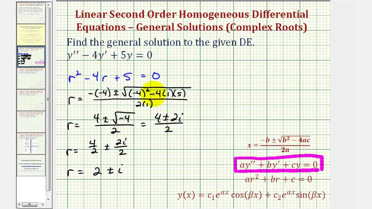 Ex Linear Second Order Homogeneous Differential Equations complex