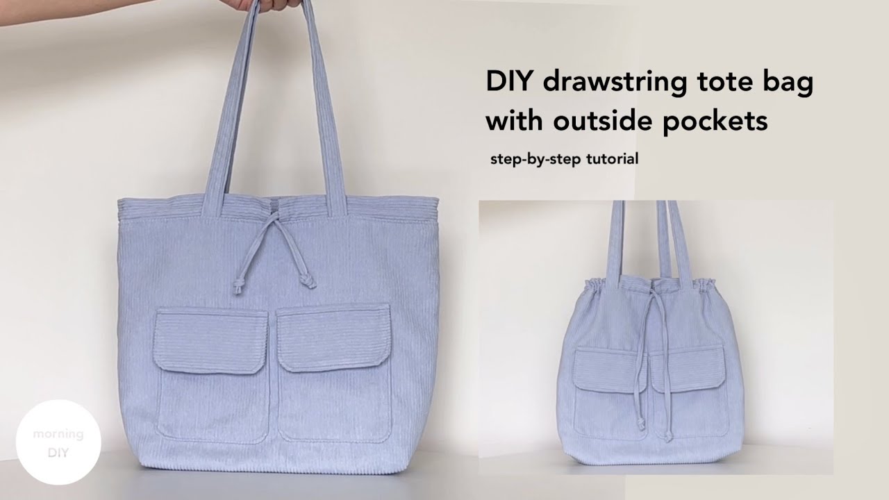 DIY drawstring tote bag | How to make drawstring tote bag with outside ...