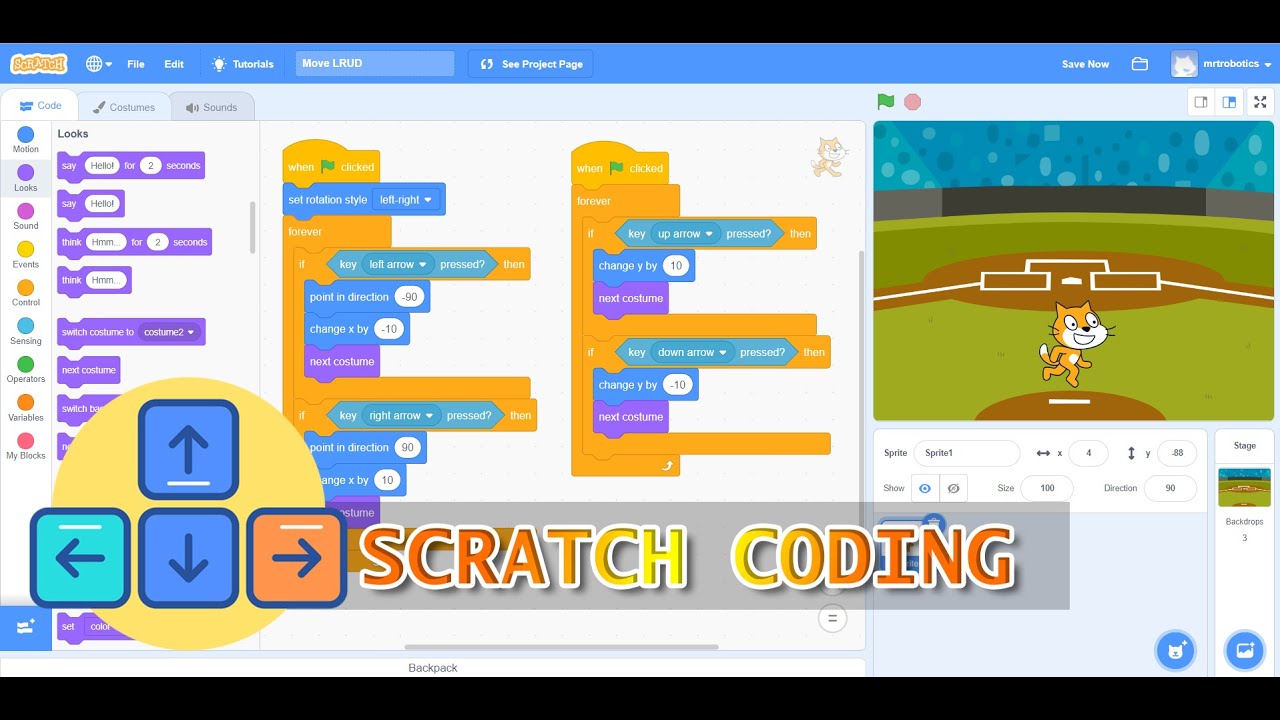 Scratch Tutorial Move Left, Right, UP & Down - YouTube