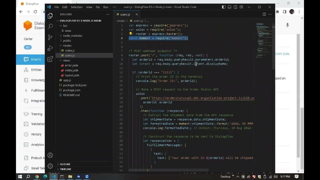 DialogFlow ES Bot with Webhook Lookup with express and ngrok - YouTube