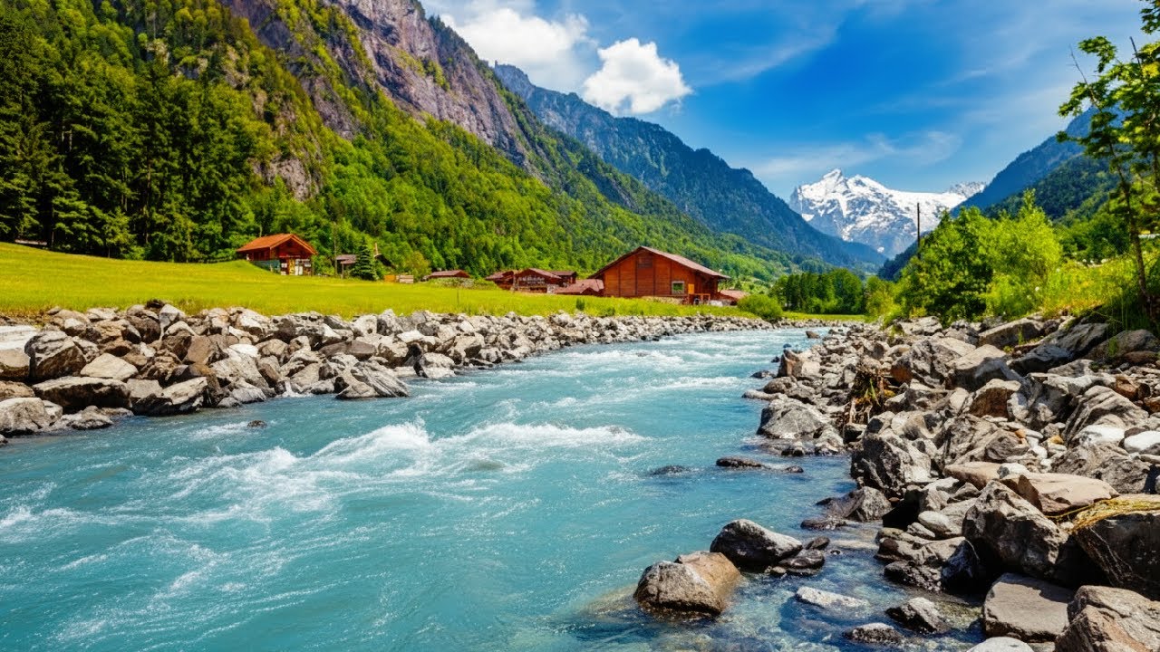 where crystal-blue rivers flow gently through peaceful alpine villages ...