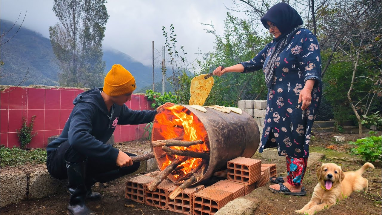 heavy rain⛈️ | cooking bread on a hot barrel🍞 | Drinking hot tea in the ...