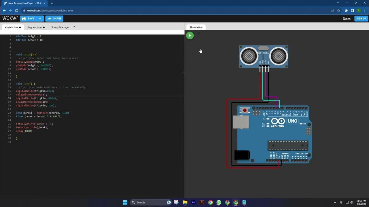 Belajar Pemrograman Dasar Arduino dengan Simulator Online WOKWI Membaca Data Sensor Ultrasonik ...