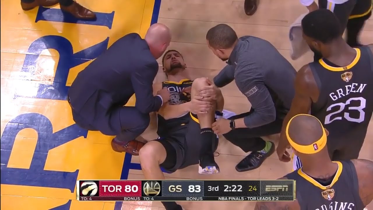 Klay Thompson LEG INJURY Game 6 Raptors vs Warriors 2019 NBA Finals ...