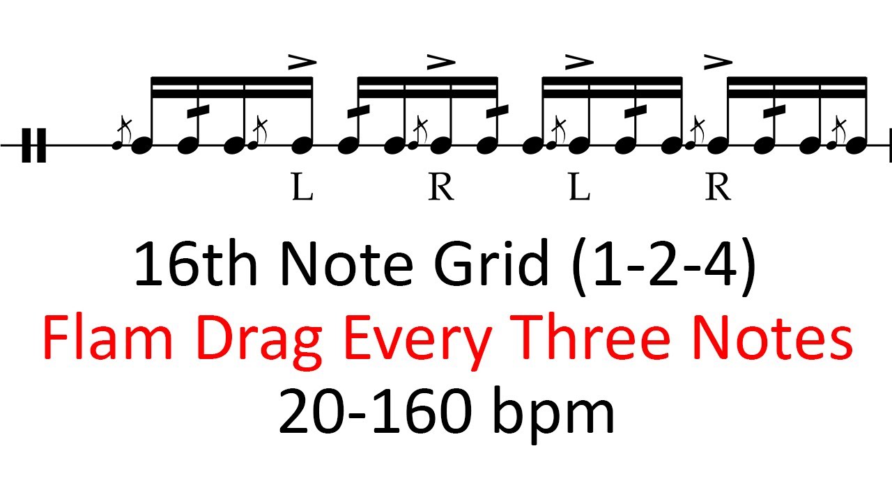 Flam drag every three notes (1-2-4 accents) | 20-160 bpm 16th note grid ...