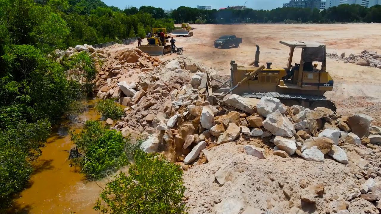 Awesome Huge Land Filling Up Processing Operator Bulldozer Moving Stone ...