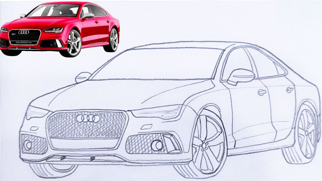 How to Draw Audi RS7 | Realistic Black & White Car Drawing Tutorial ...