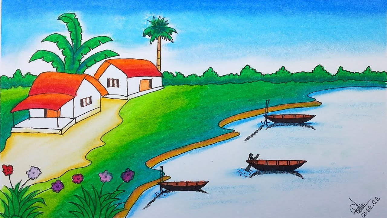 How to Draw Easy Scenery Drawing | Beautiful Landscape Nature Village ...