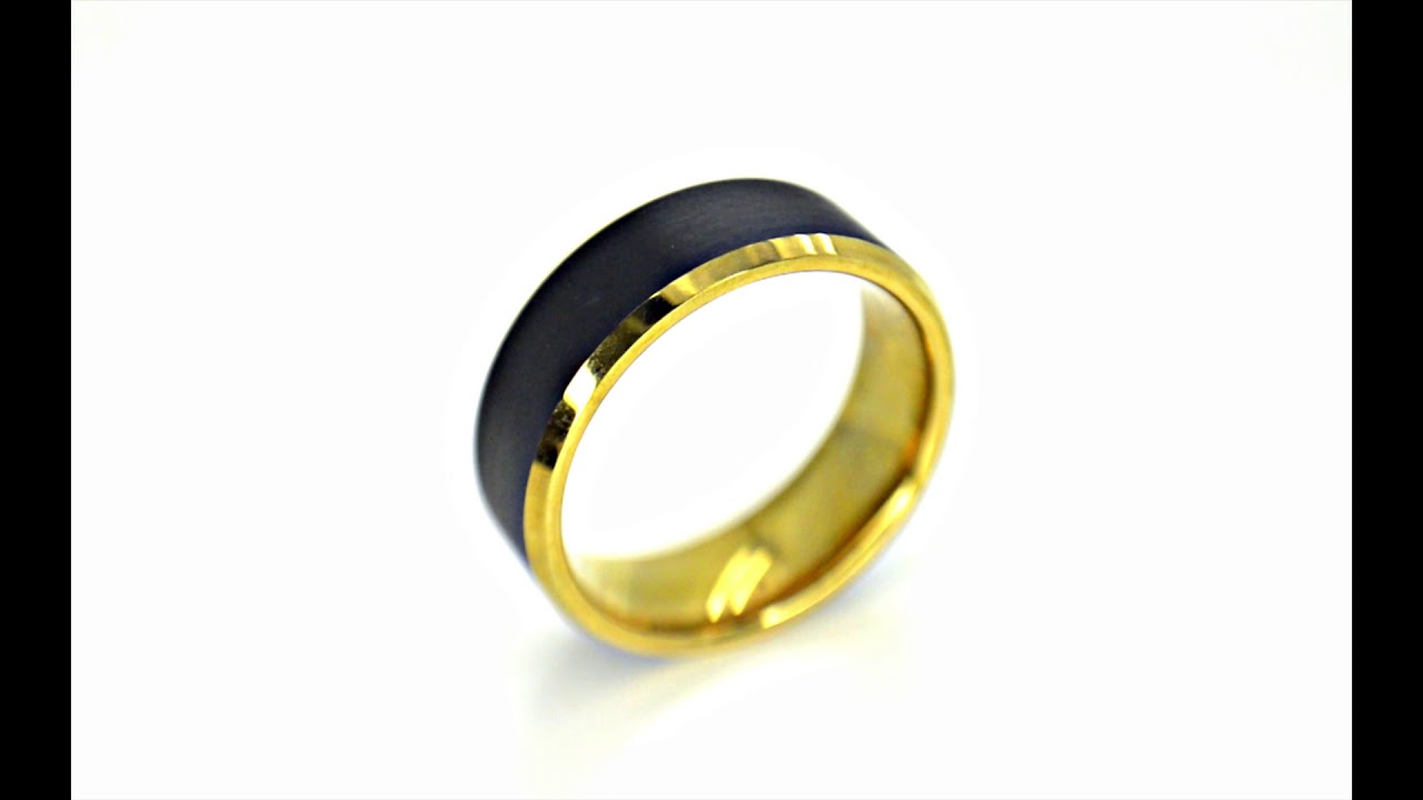 GASTON Gold Plated Tungsten Polished Beveled Ring with Brushed Black ...