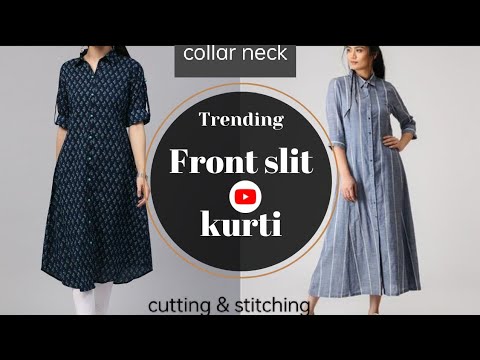 Designer Front Slit Kurti With Collar Neck||Trending Kurti||Cutting and ...