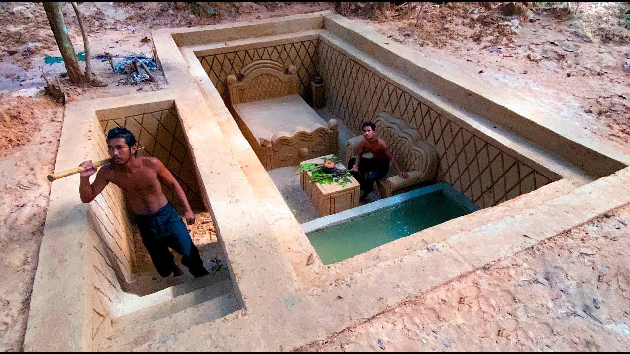 I Spent 21 Days Build Underground Hut furniture with swimming pool ...