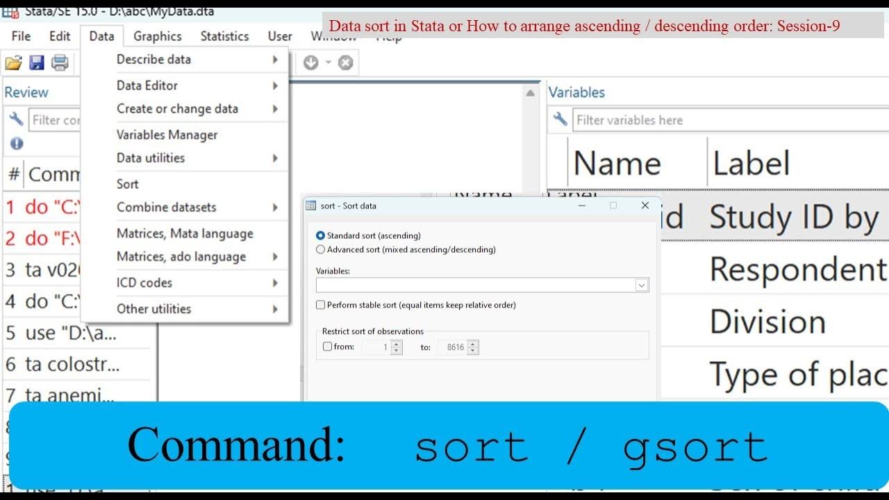 Data sort in Stata or How to arrange ascending / descending order: Session-9 - YouTube