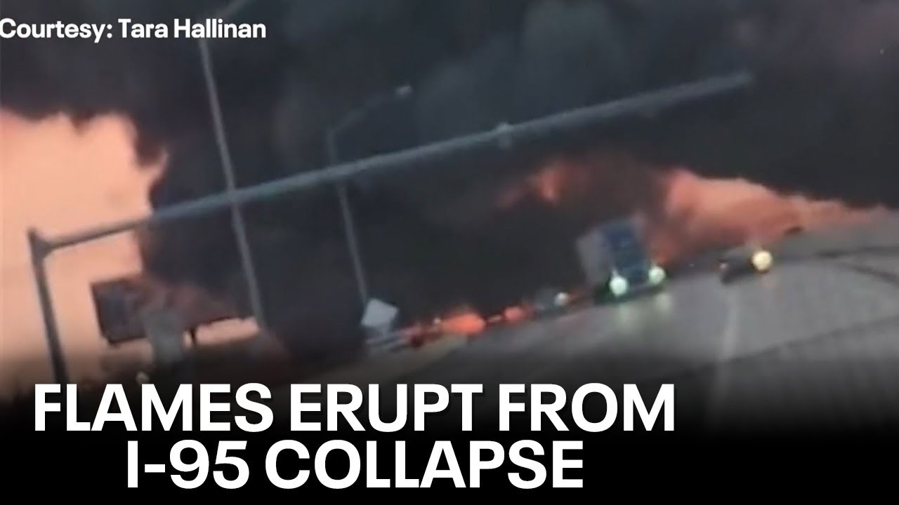 Watch: Flames, smoke erupt as cars drive past I-95 collapse - YouTube