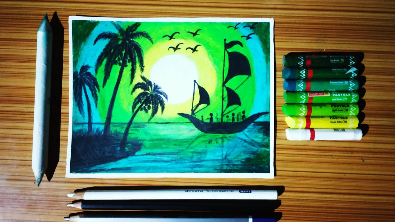 How to Draw a Sunlight and Green Scenery / Drawing with Oil Pastel ...
