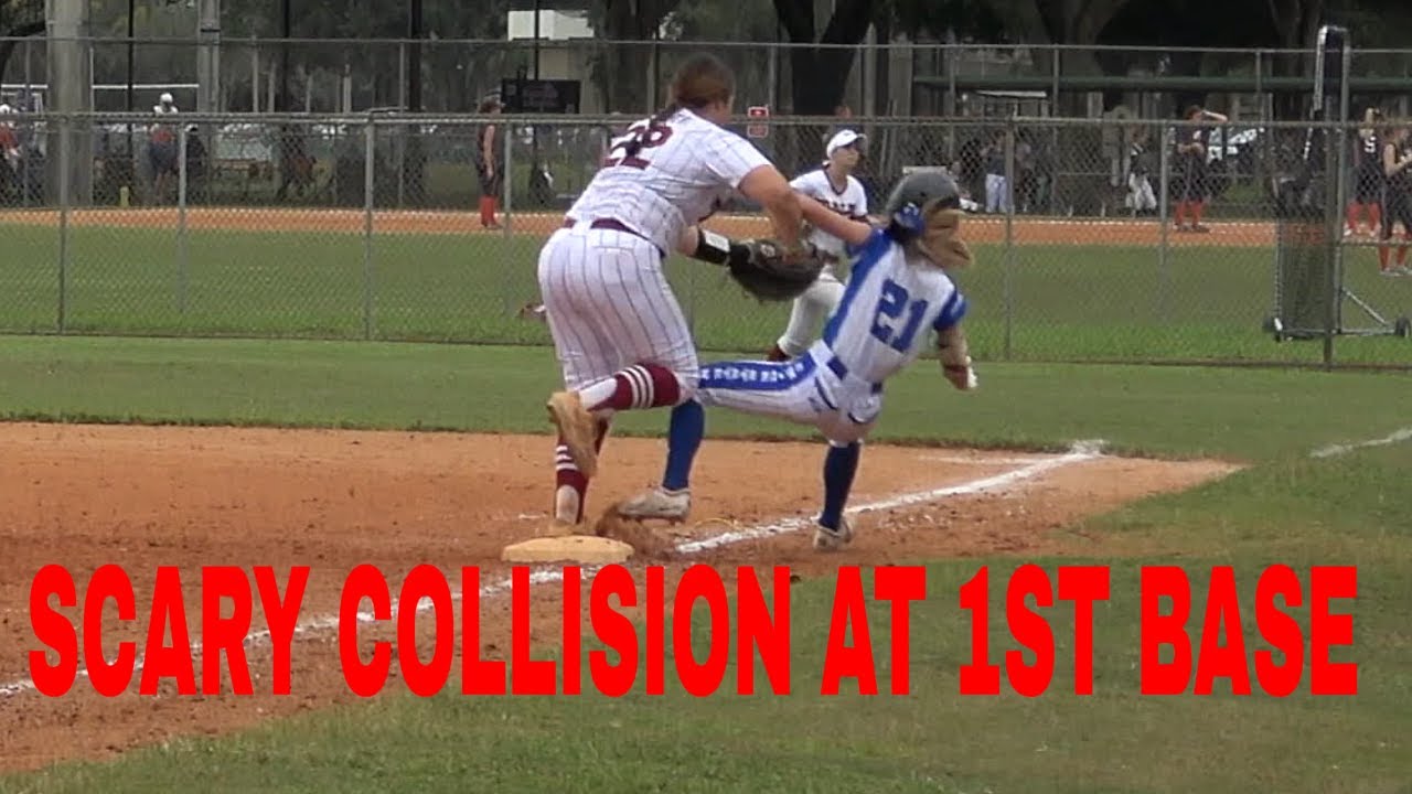 PLAYERS COLLIDE AT 1ST BASE DURING SOFTBALL GAME IN FLORIDA - YouTube