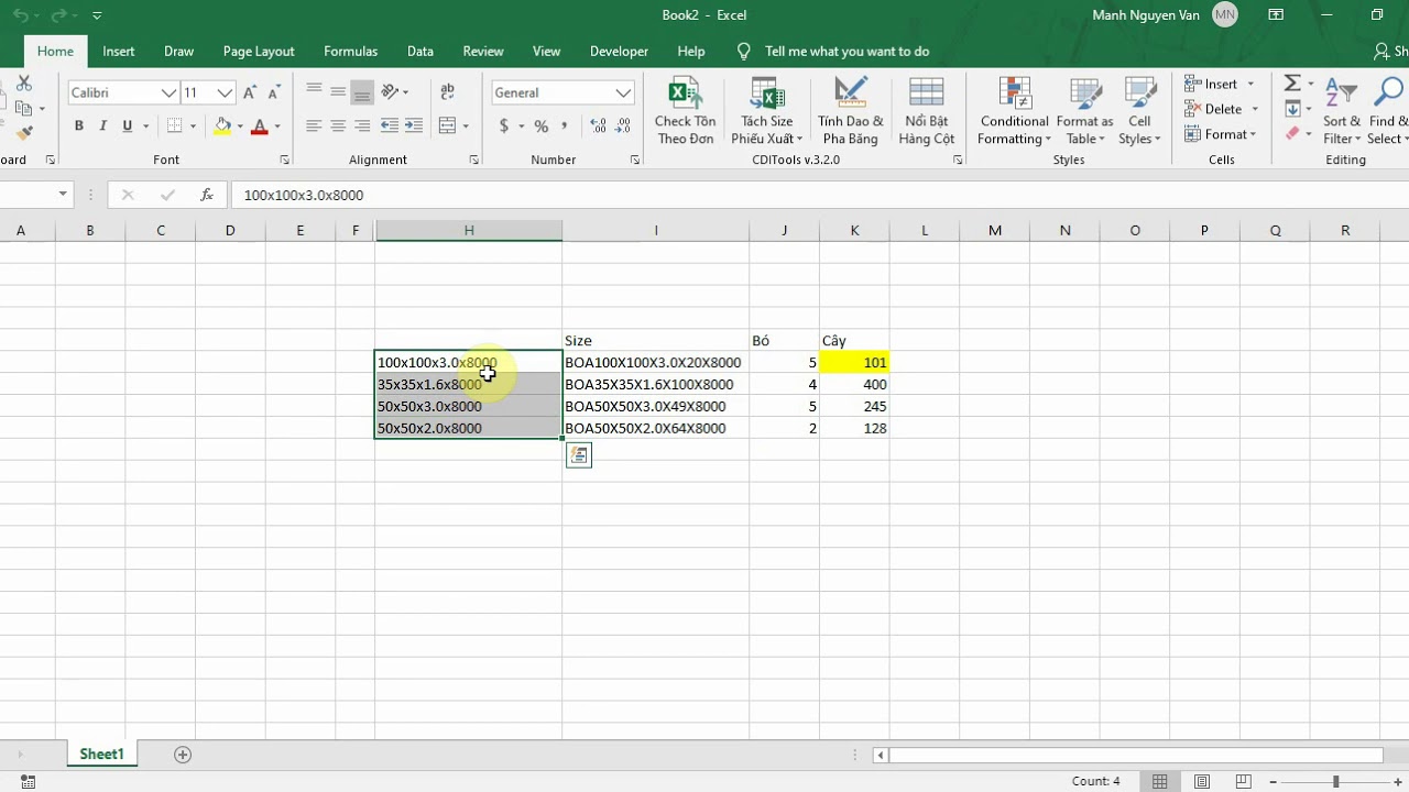 Lập trình XLL Excel Add-in: Tách kích thước từ mã hàng hóa, có kiểm tra ...