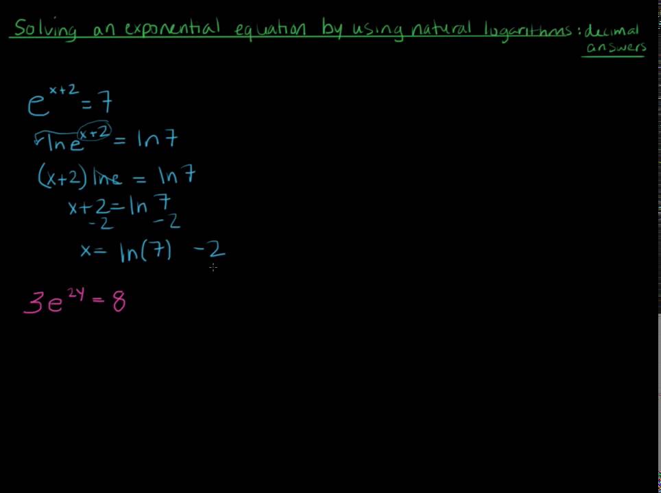 Solving an exponential equation by using natural logarithms: decimal answers - YouTube
