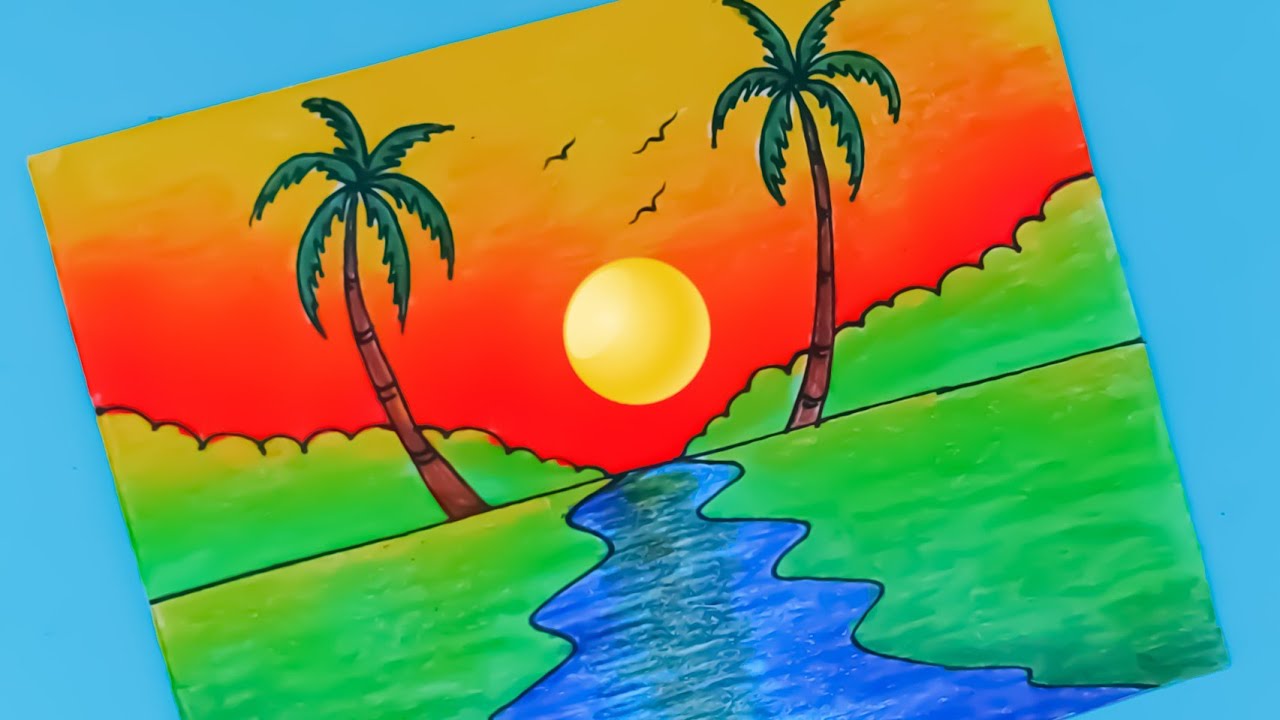 Sunset in the river scenery drawing (very easy) - YouTube