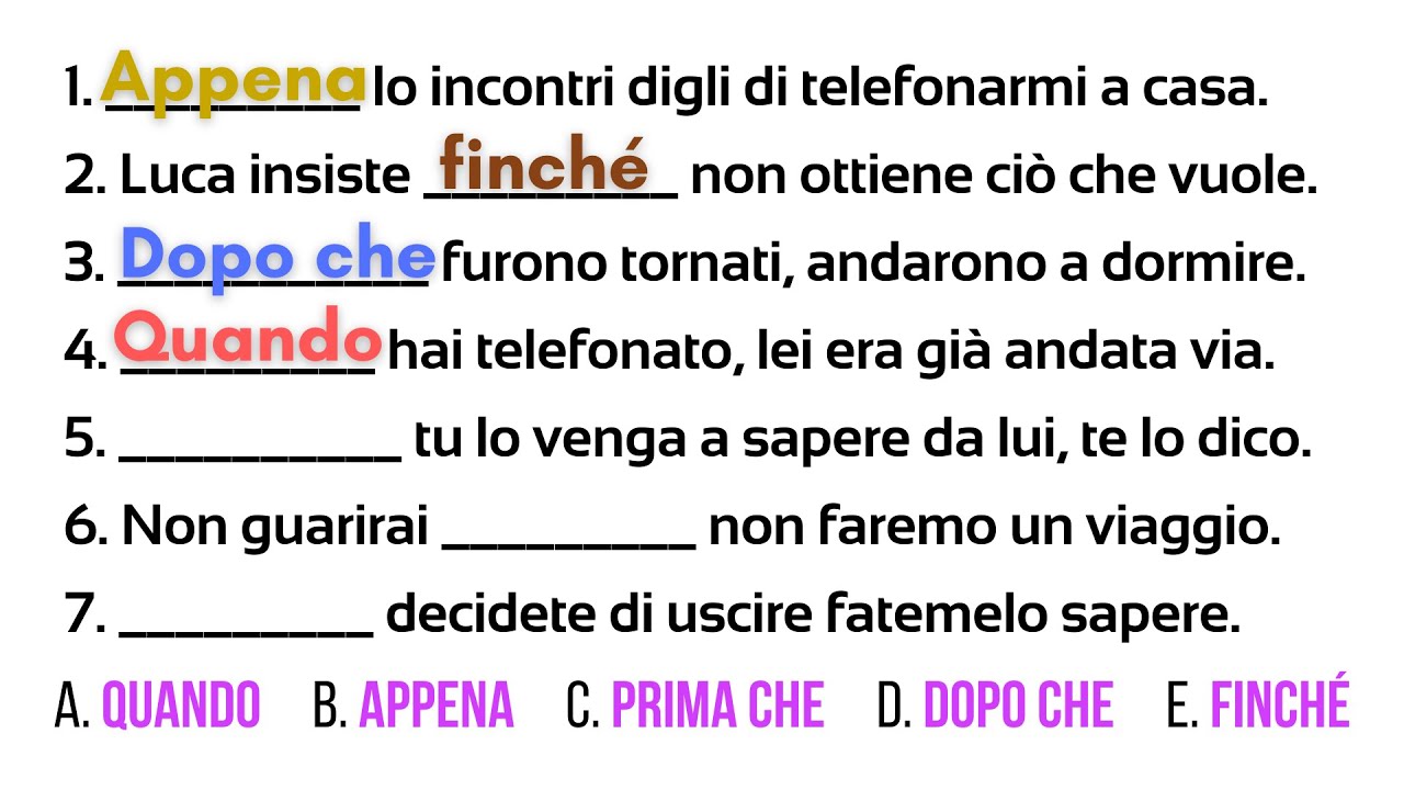 Italian how to use TEMPORAL CONJUNCTIONS | Quando, appena, finché, poi ...