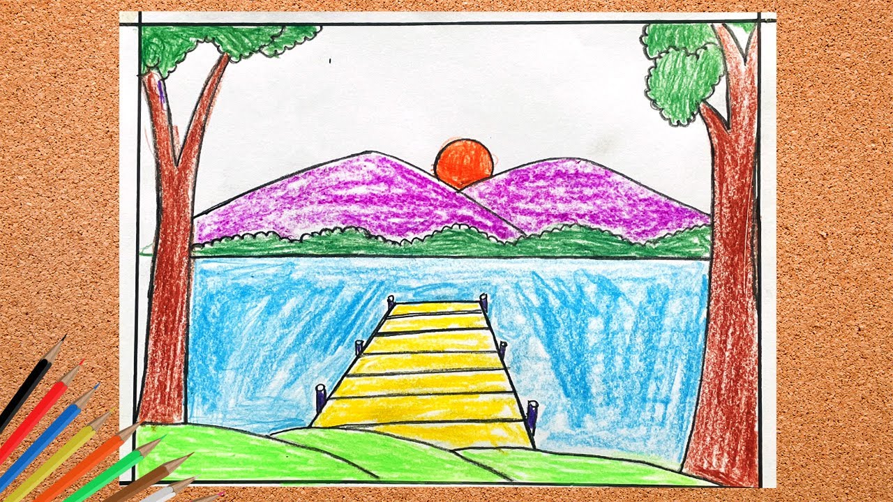 River and mountain drawing | Easy mountain scenery drawing | River ...