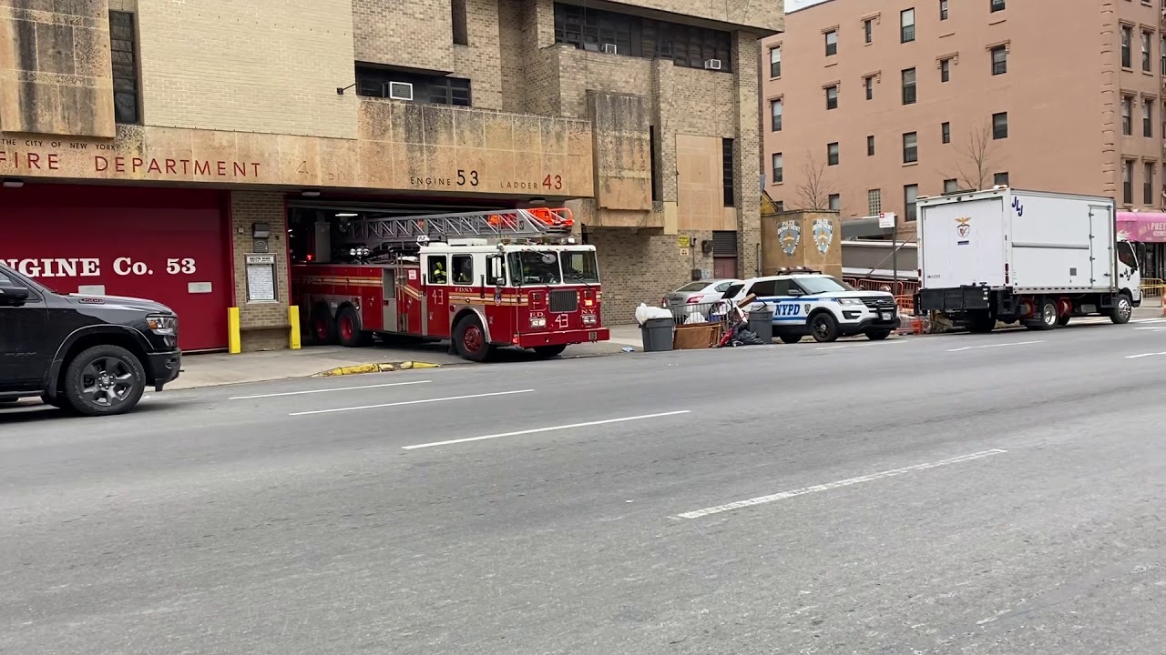 FDNY LADDER 43 RESPONDING FROM QUARTERS ON 3RD AVENUE ON UPPER EAST ...