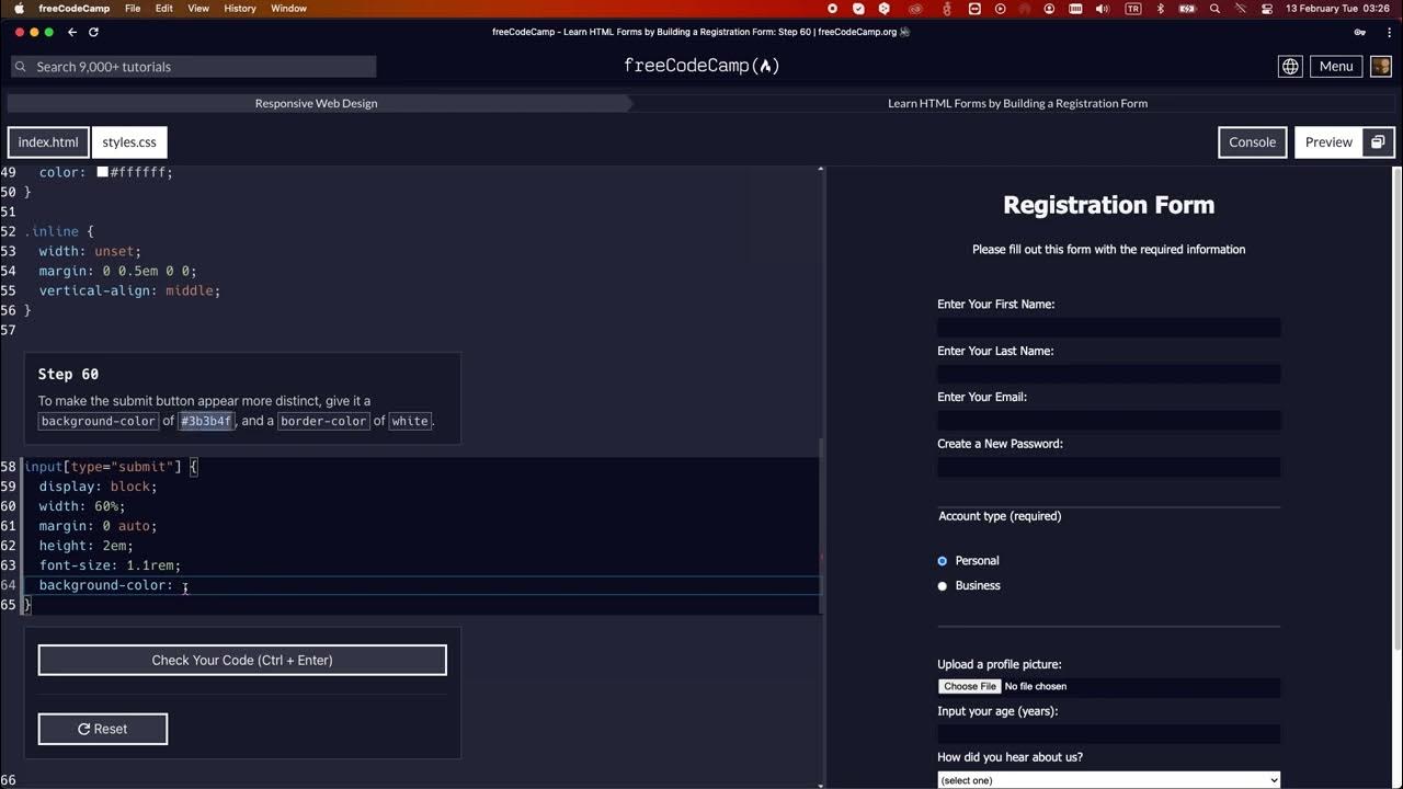 LEARN HTML FORMS BY BUILDING A REGISTRATION FORM STEP 60 #freecodecamp #learncss # ...