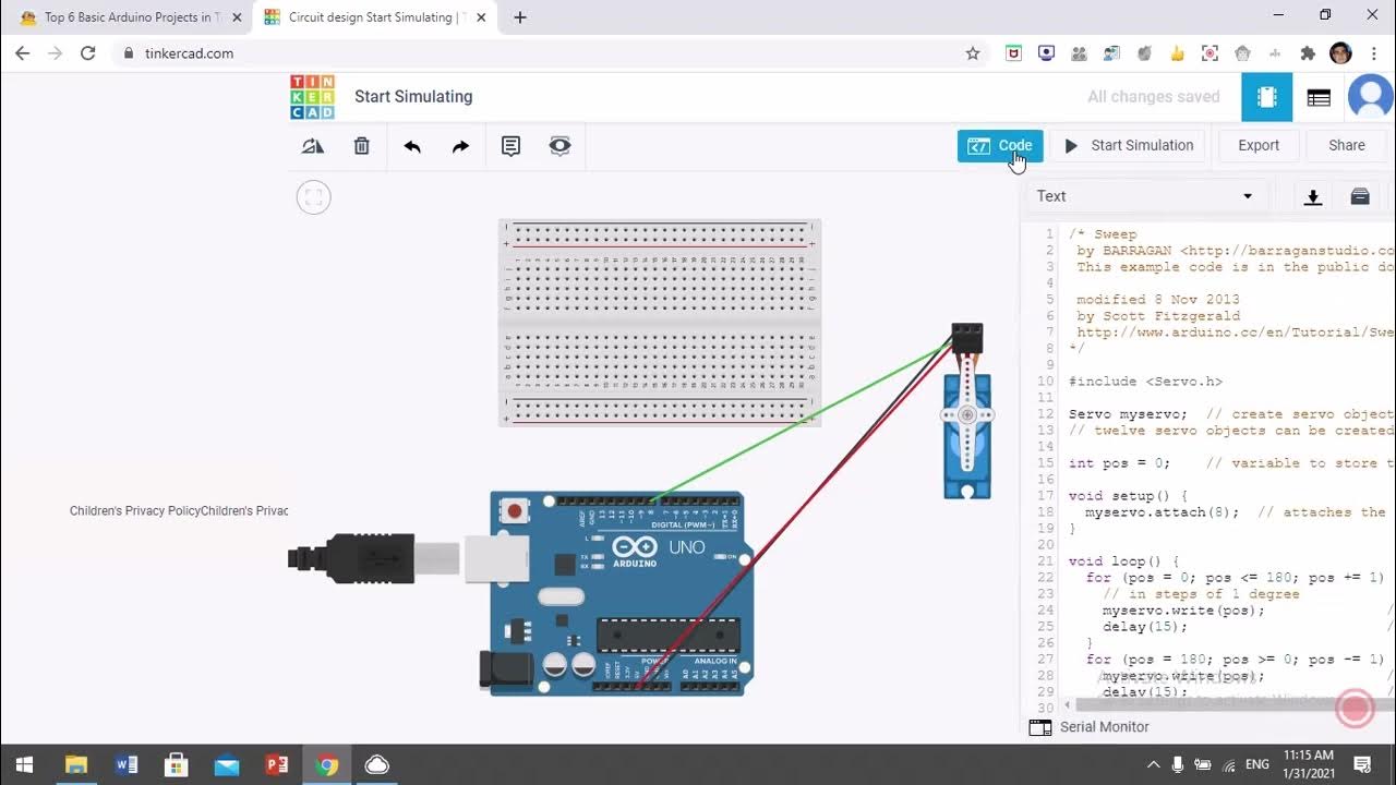 Controlling Servo motor using arduino & tinkercad #arduino #circuit #motor #tinkercad #coding # ...